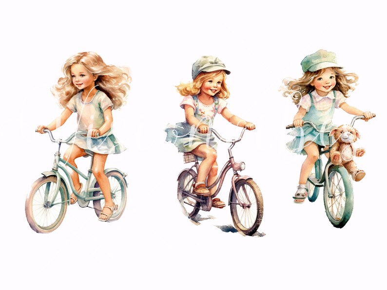 Girl Riding Bicycle Clipart Bundle Retro Girl Clipart Summer Clipart ...