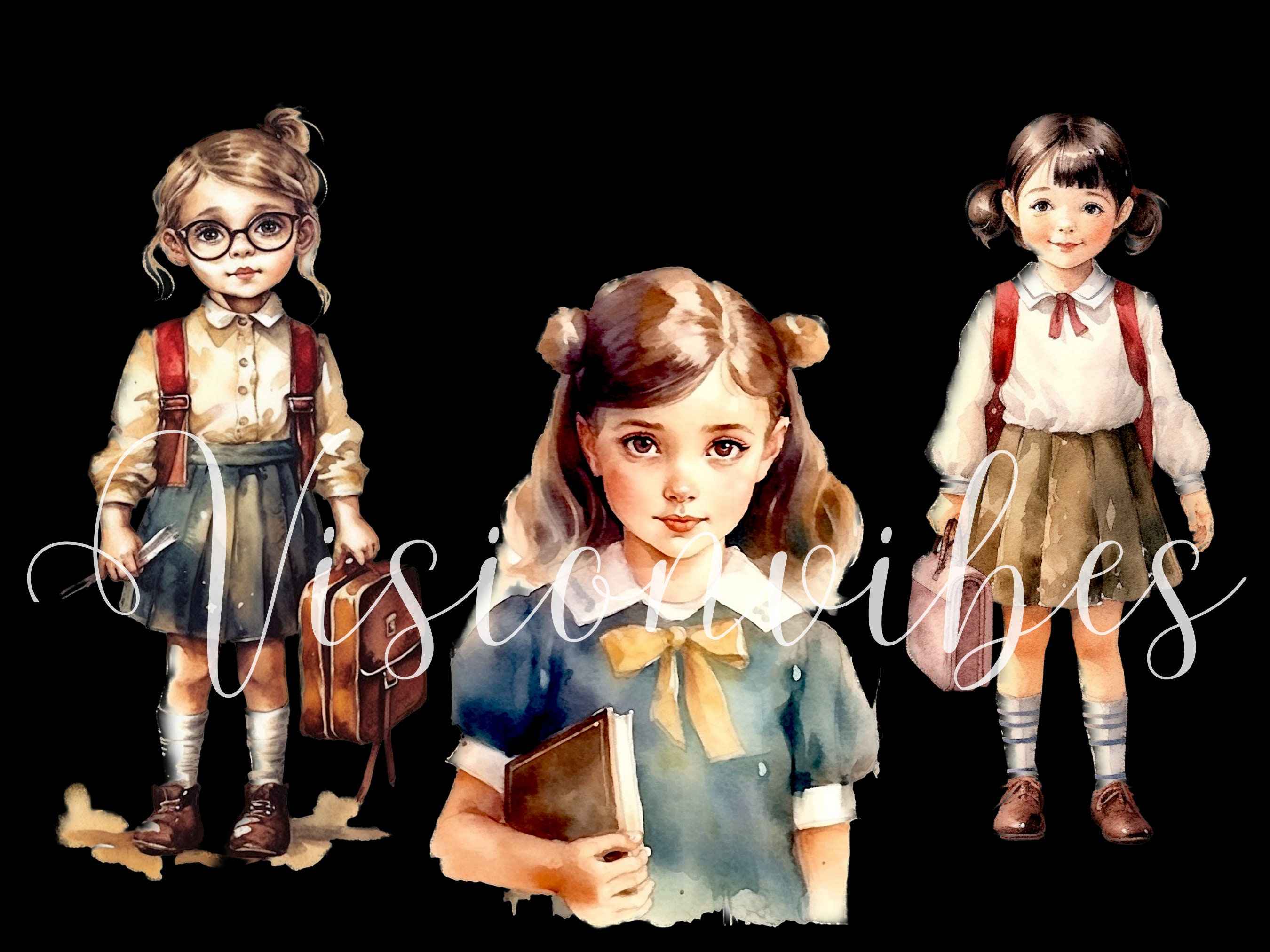 Retro Girl Clipart Bundle Watercolor Retro School Girl Digital - Etsy