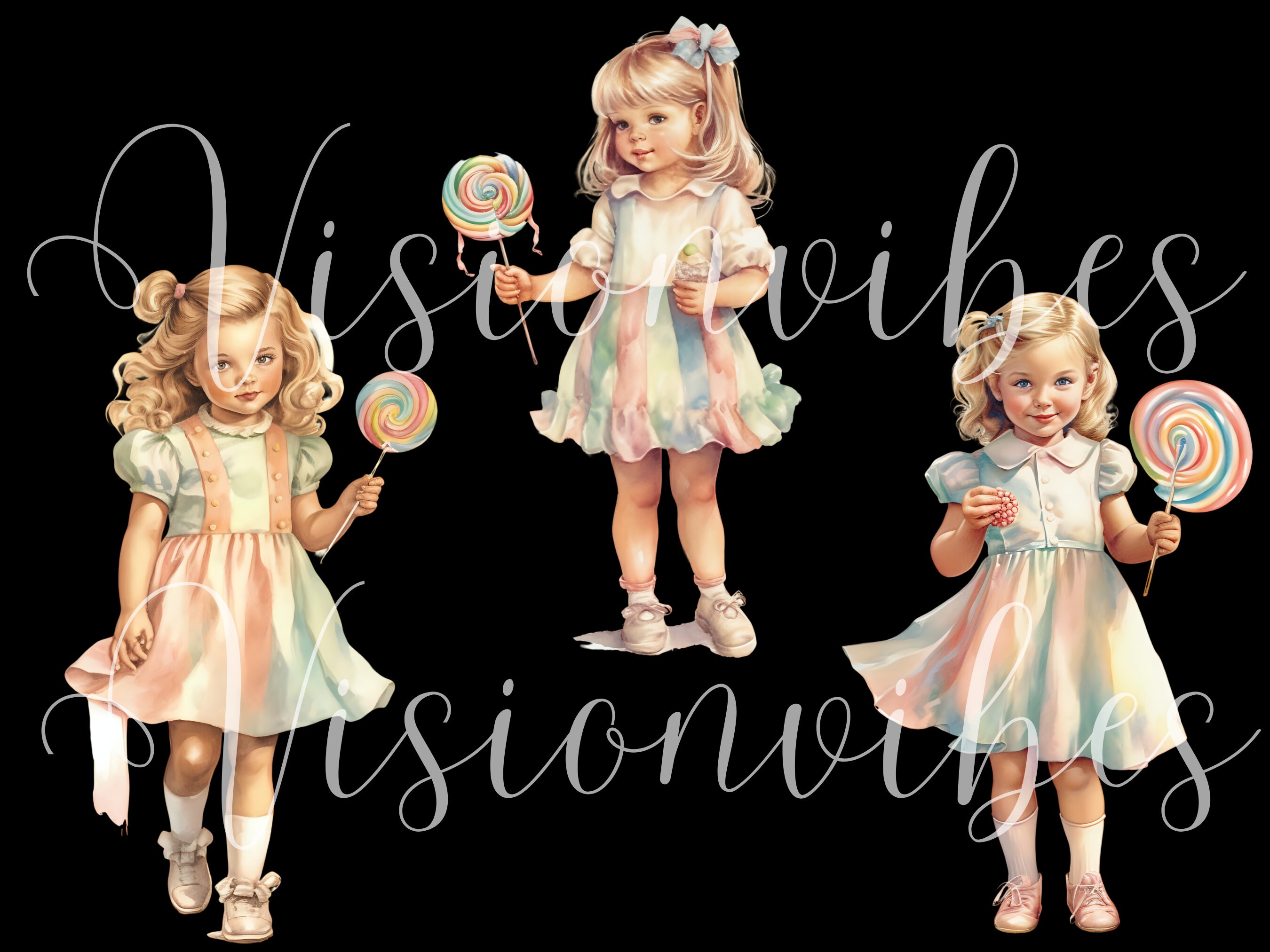 Retro Girl With Candy Watercolor Clipart Bundle Little Girl - Etsy