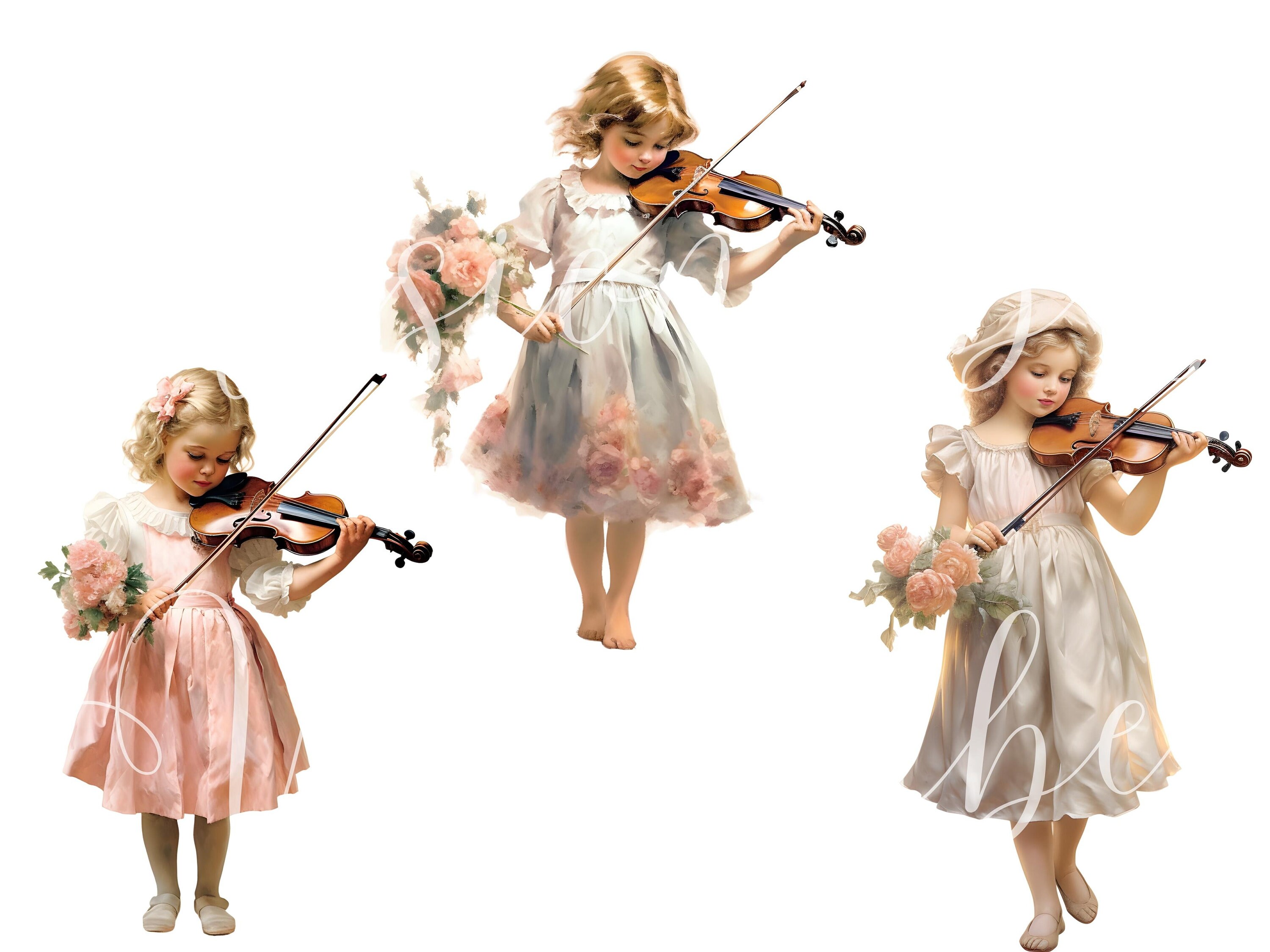 Girl Playing Violin Watercolor Clipart Bundle, Vintage Girl, Music Png ...
