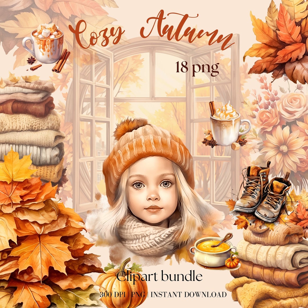 Fall Watercolor Clipart Bundle, Cozy Autumn PNG Images (digital ...