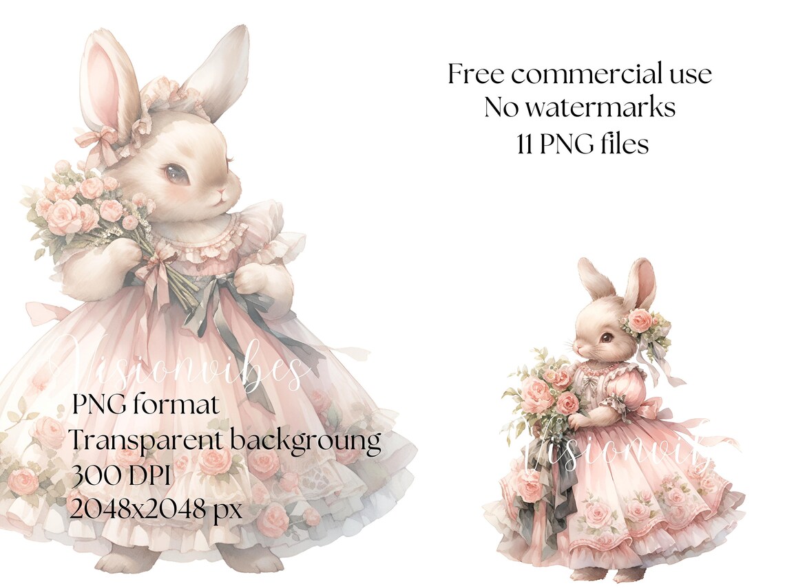 Baby Bunny in Dress Watercolor Vintage Clipart Bundle Cute Rabbit ...
