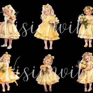 Retro Little Girl in Yellow Dress Watercolor Clipart Bundle Vintage ...