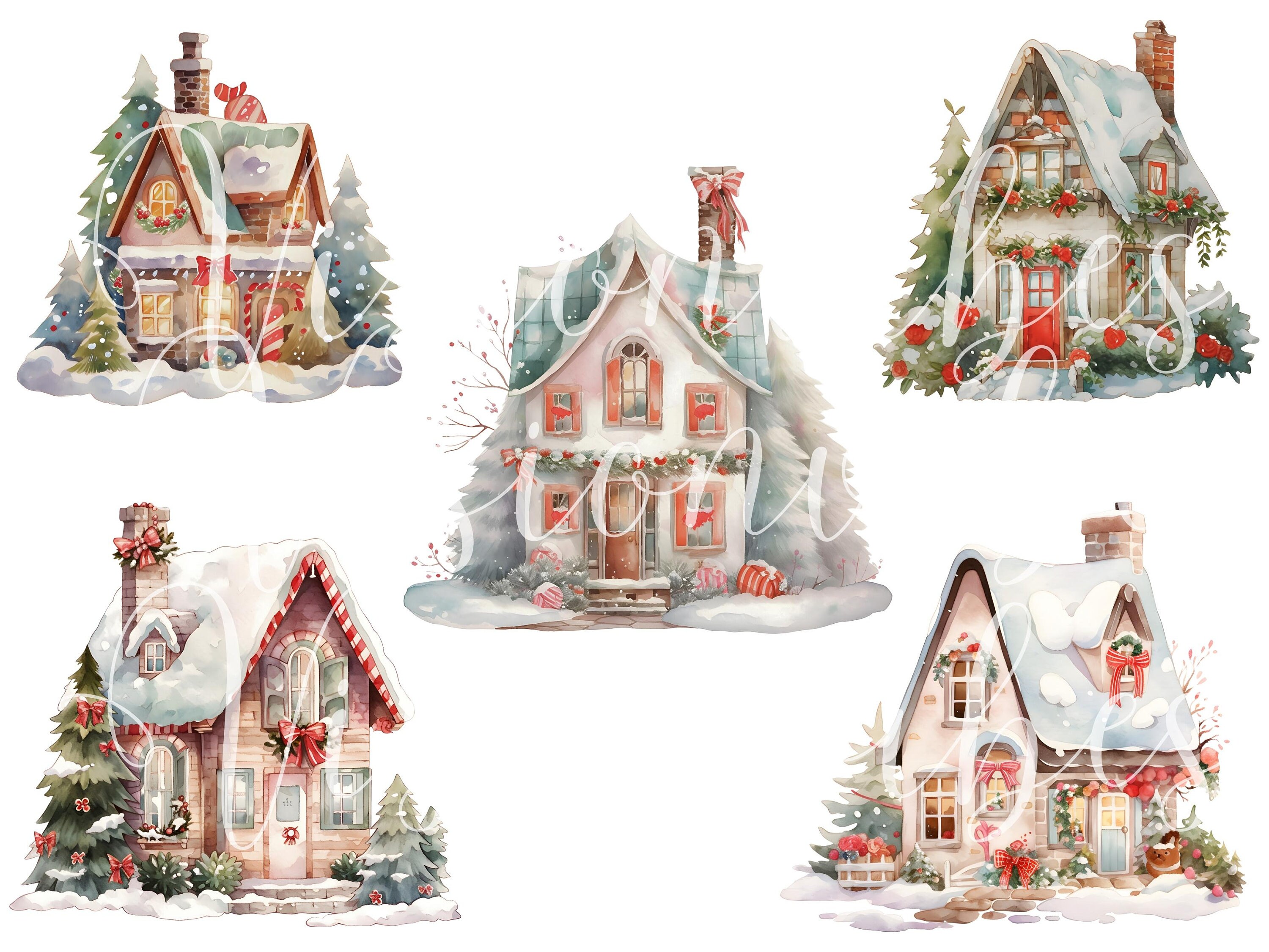Christmas Cottage Watercolor Bundle, Winter House Clipart, Cottage in ...