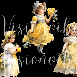 Vintage Little Girl in Yellow Dress Clipart Bundle Watercolor Girl With ...