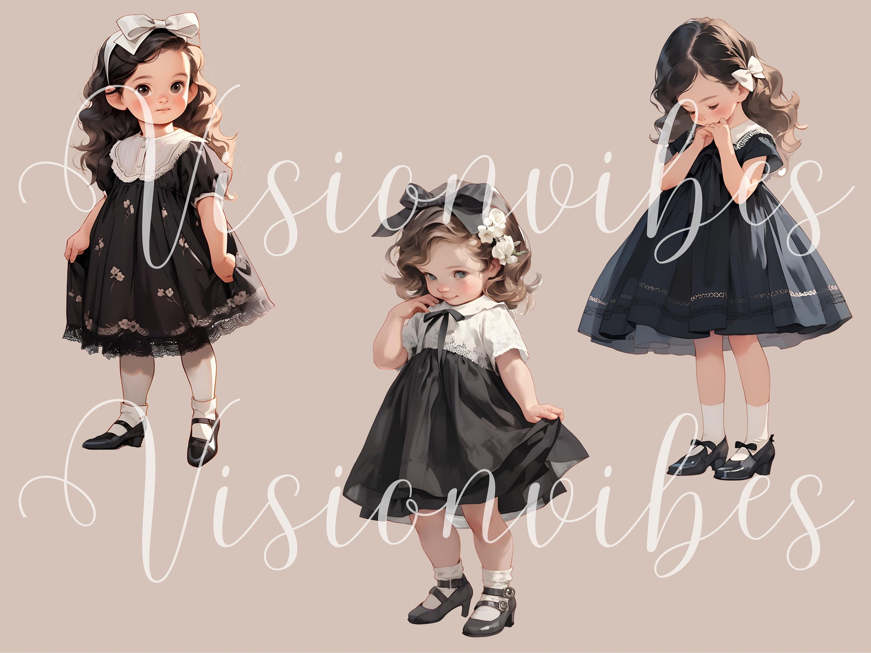 Retro Little Girl in Black Dress Clipart Bundle Vintage Girl in Vintage ...