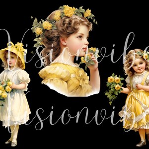 Vintage Little Girl in Yellow Dress Clipart Bundle Watercolor Girl With ...