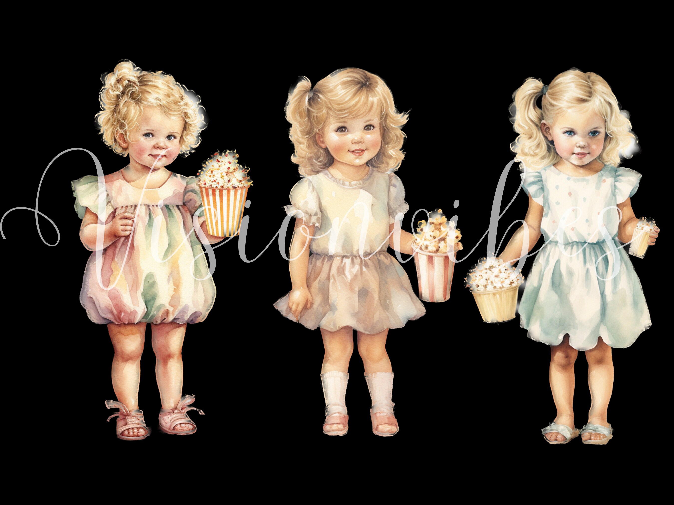 Girl With Popcorn Clipart Bundle Watercolor Clipart Retro Girl Clipart ...