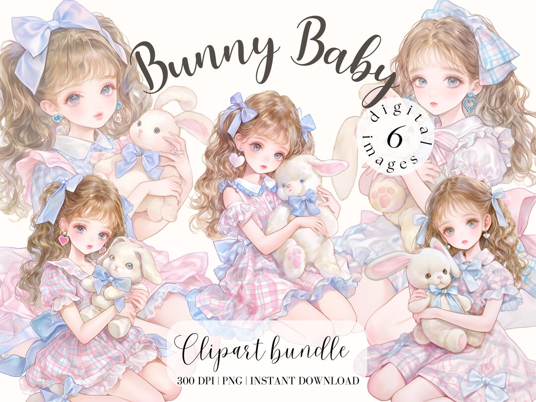 Girl With Stuffed Bunny Clipart Bundle Cute Vintage Bunny Clipart Cute ...