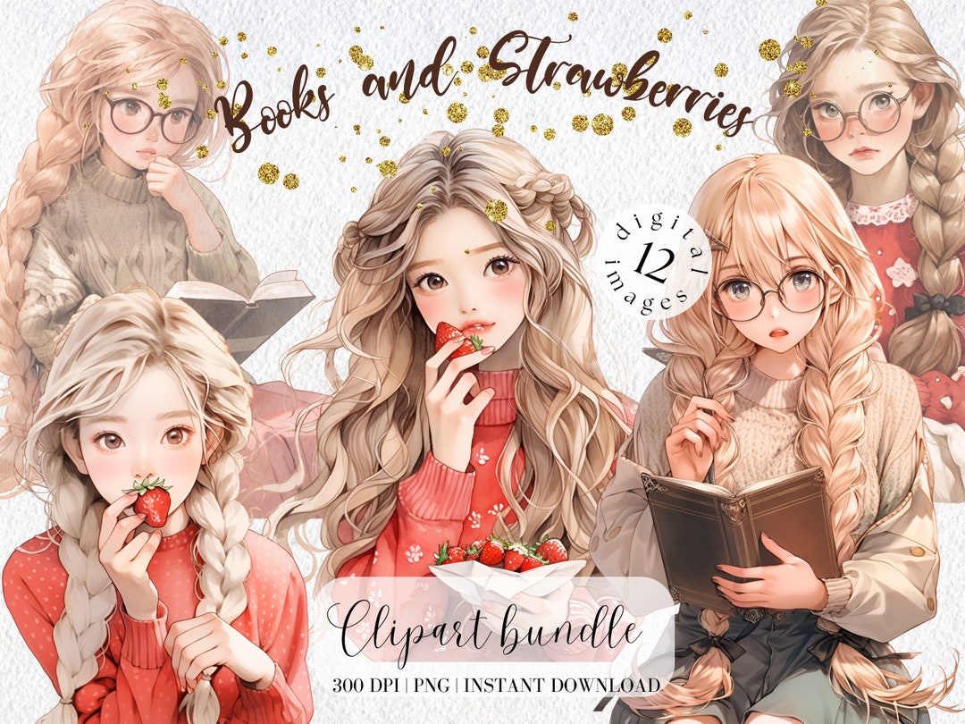 Student Girls With Strawberry Digital Sticker Bundle Cute Anime Girl ...