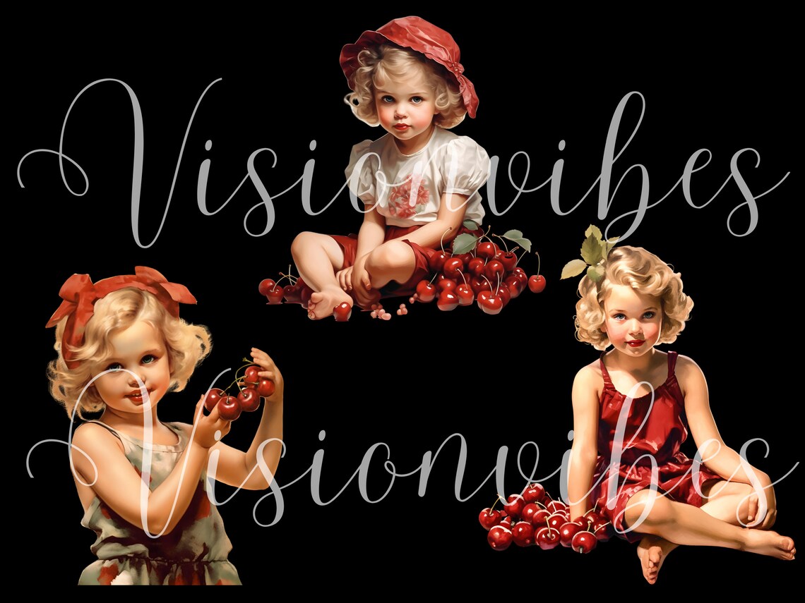 Retro Girl With Cherry Clipart Bundle Retro Girl Clipart Summer Clipart ...