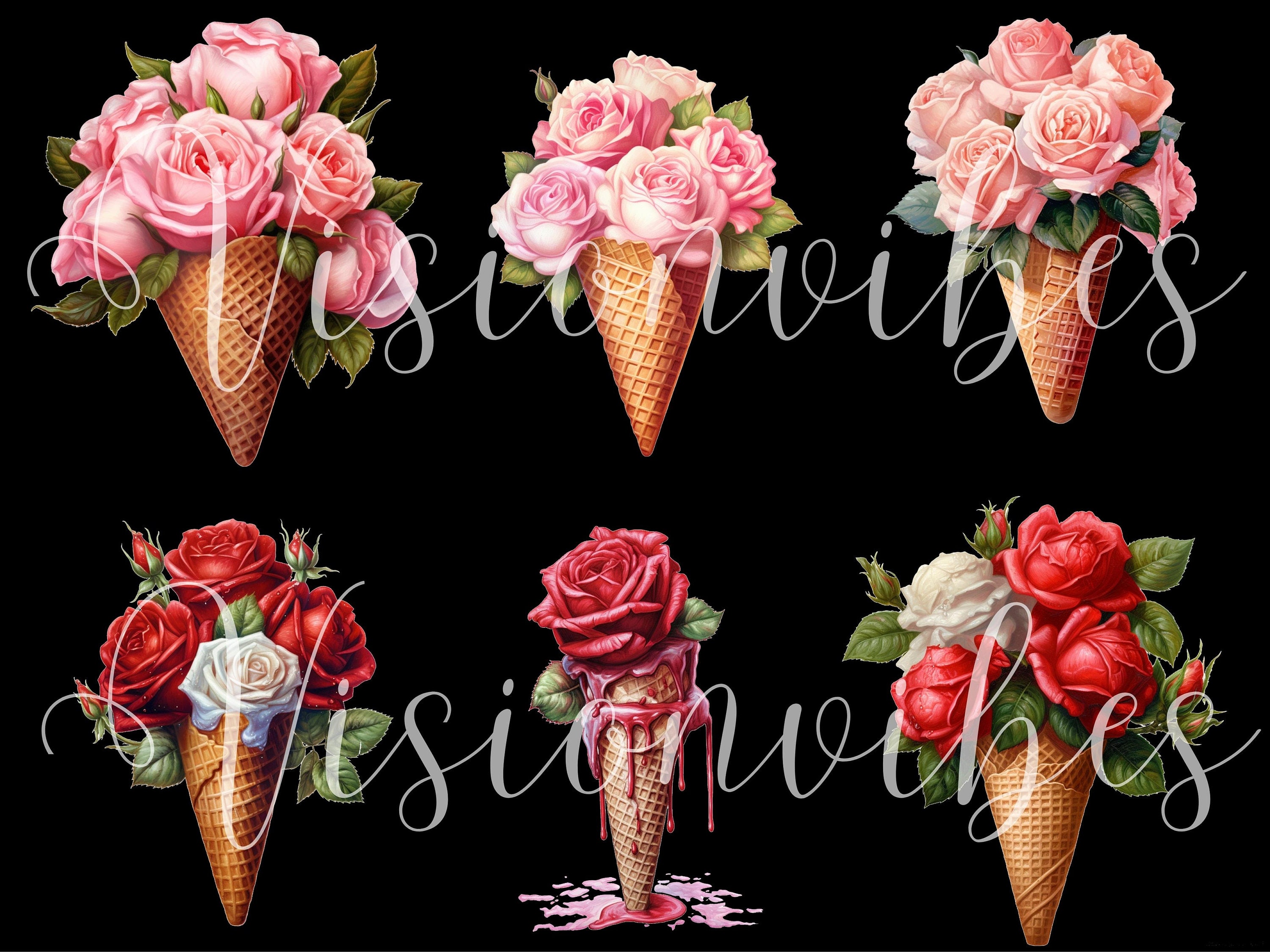 Roses in Waffle Cones Watercolor Clipart Bundle Roses Digital - Etsy