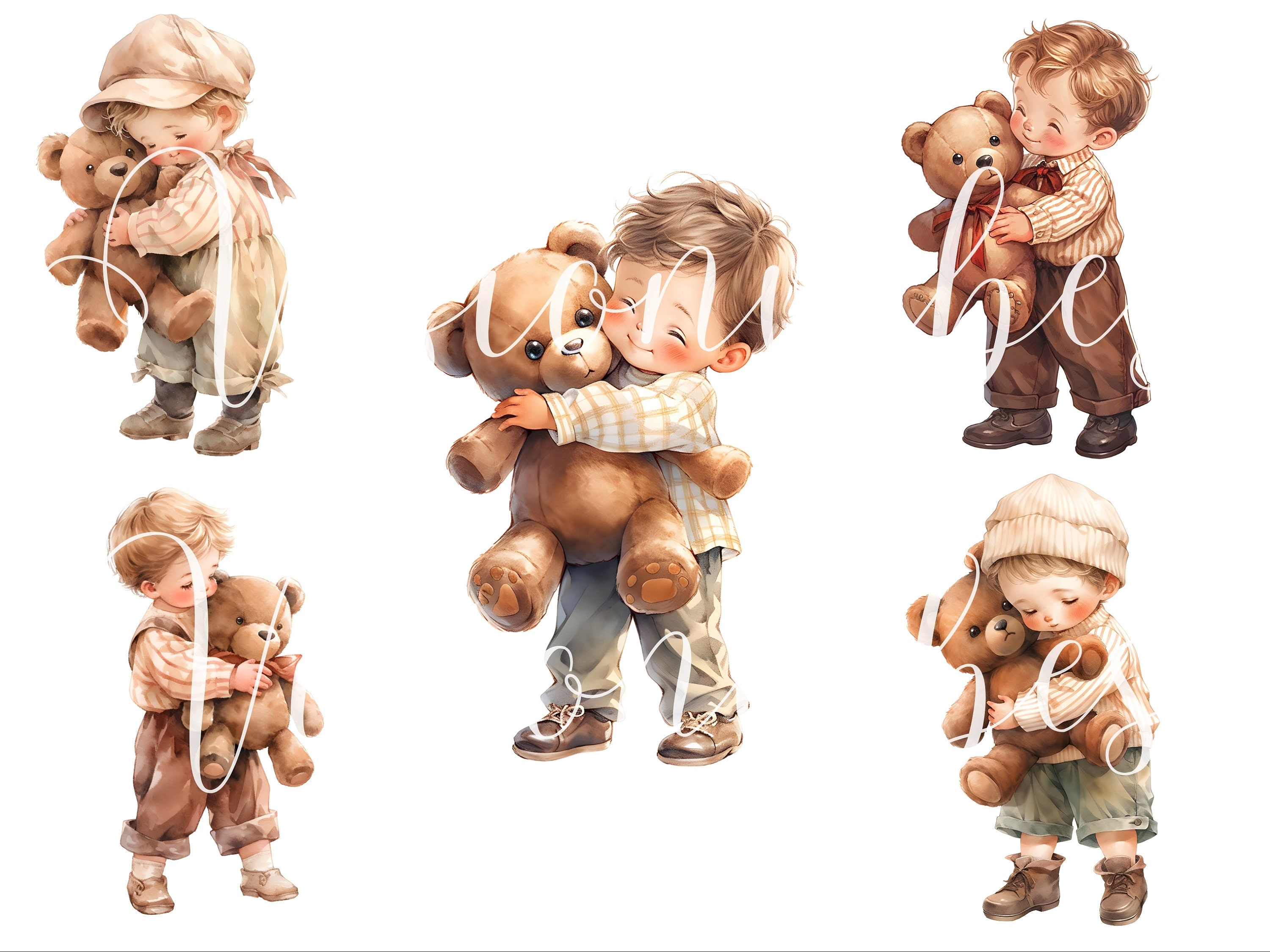 Little Boy With Teddy Bear Watercolor Illustration Clipart Bundle Cute ...
