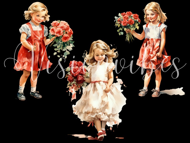 Retro Girl With Red Roses Clipart Bundle Retro Girl Clipart Summer ...