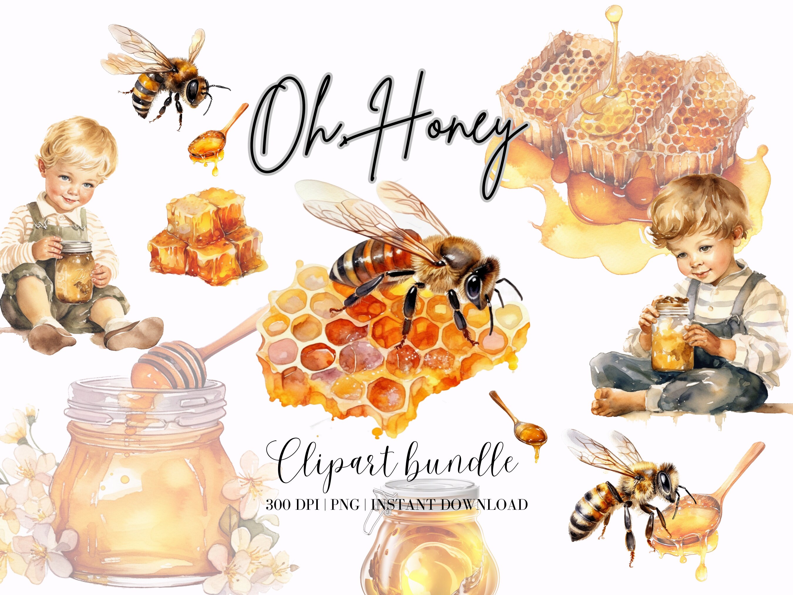 Watercolor Honey Bee Clipart Summer Garden Bee and Honey PNG Graphics ...
