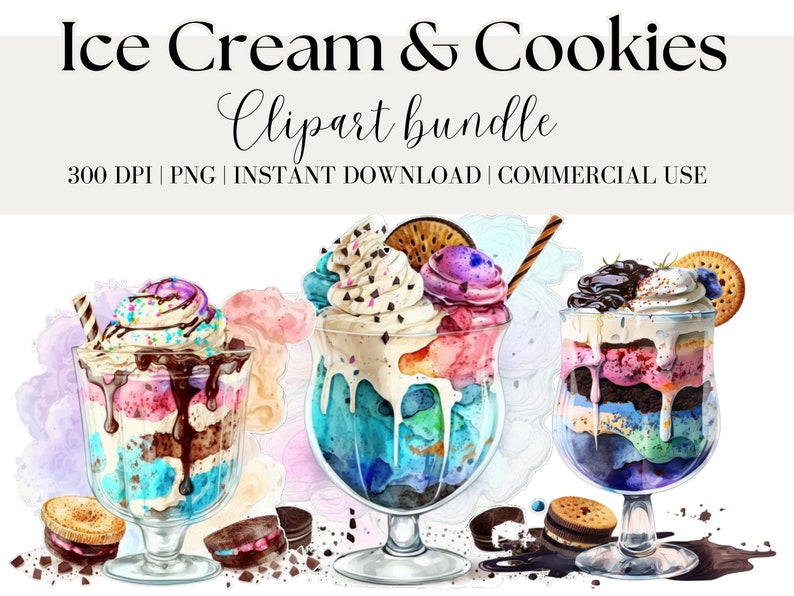 Ice Cream Cookies Clipart Watercolor Bundle Ai Art Digital - Etsy