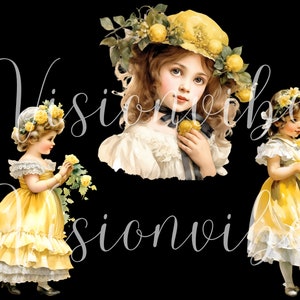 Vintage Little Girl in Yellow Dress Clipart Bundle Watercolor Girl With ...