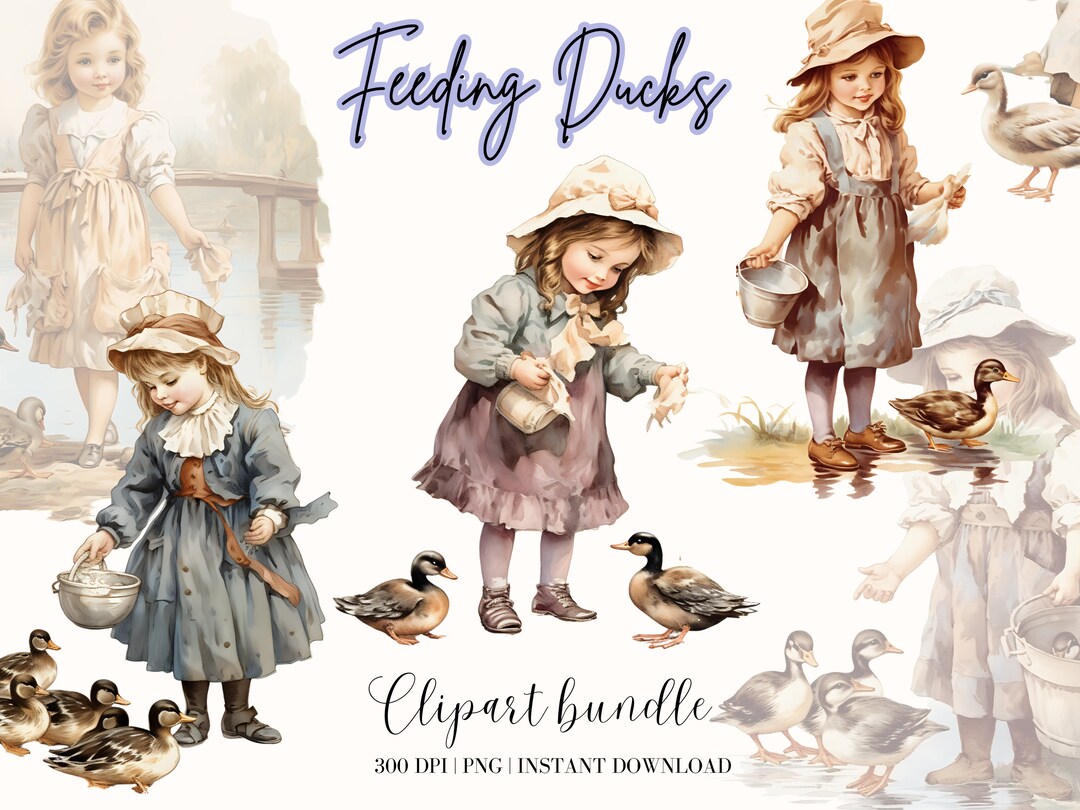 Vintage Girl Feeding Ducks Clipart Bundle Watercolor Vintage Girl Png ...