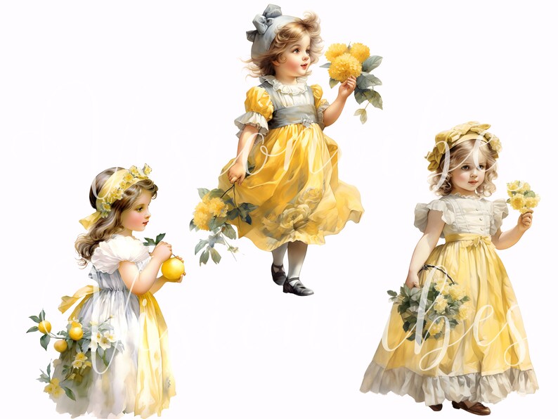 Vintage Little Girl in Yellow Dress Clipart Bundle Watercolor Girl With ...