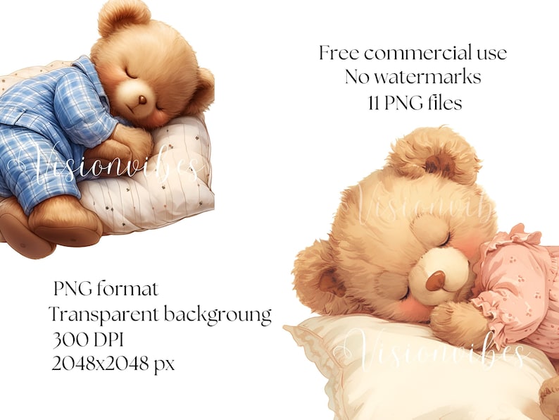 Teddy Bear Sleeping on a Pillow Clipart Bundle Watercolor Bear Pink ...