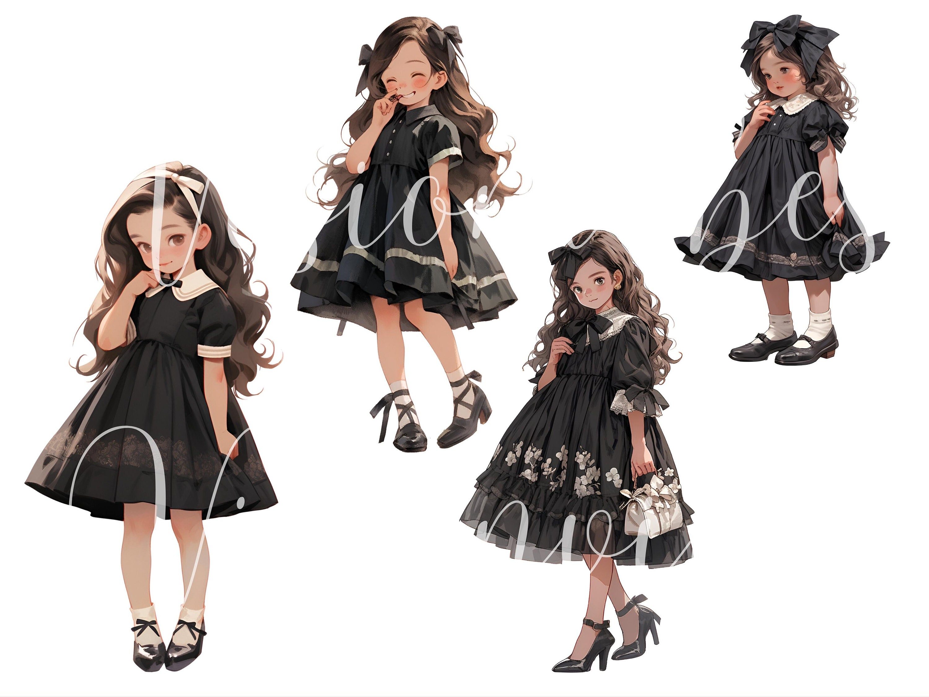 Retro Little Girl in Black Dress Clipart Bundle Vintage Girl in Vintage ...