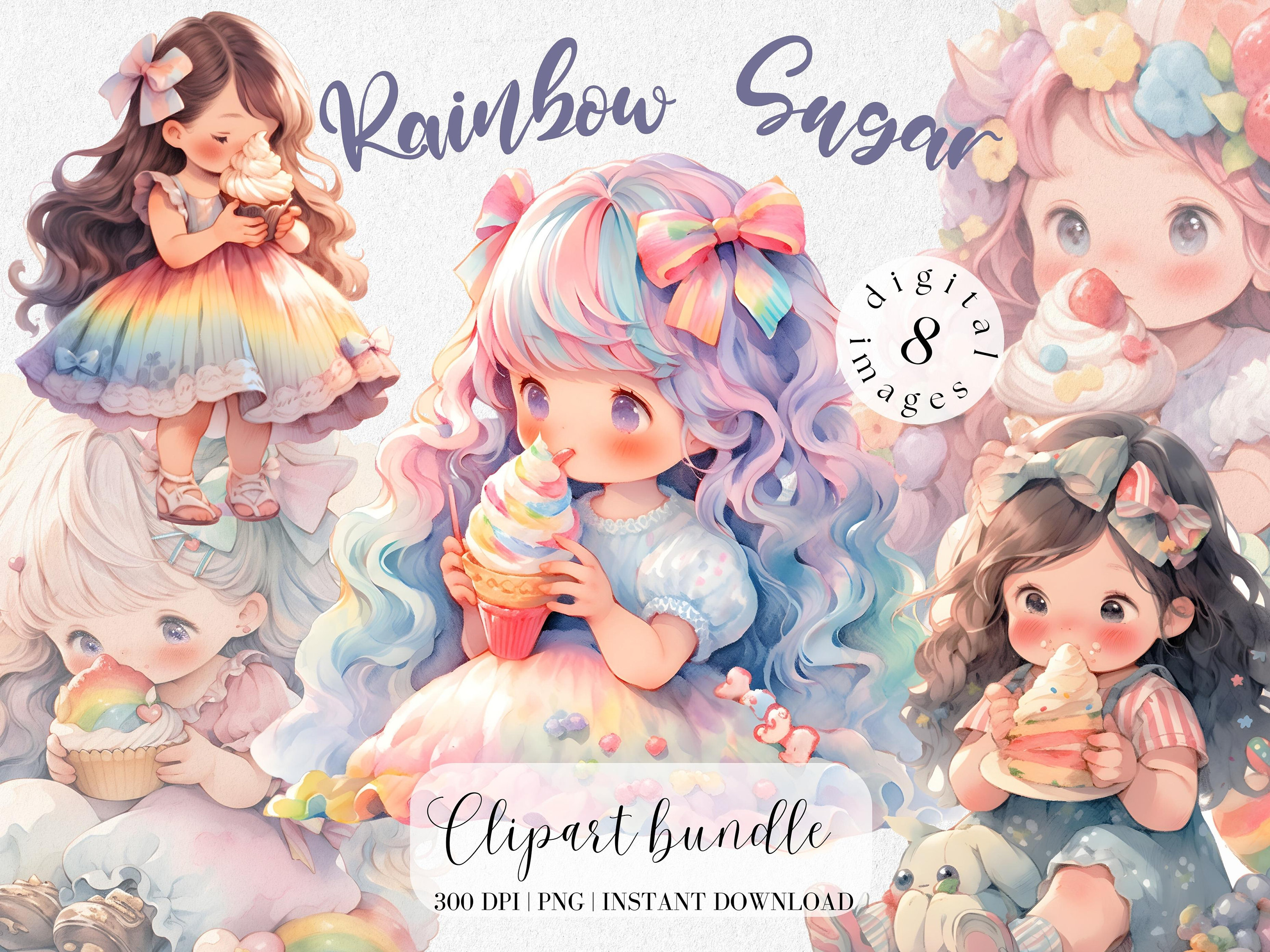 Retro Little Girl With Rainbow Candy Clipart Bundle Sweets and Girl in ...