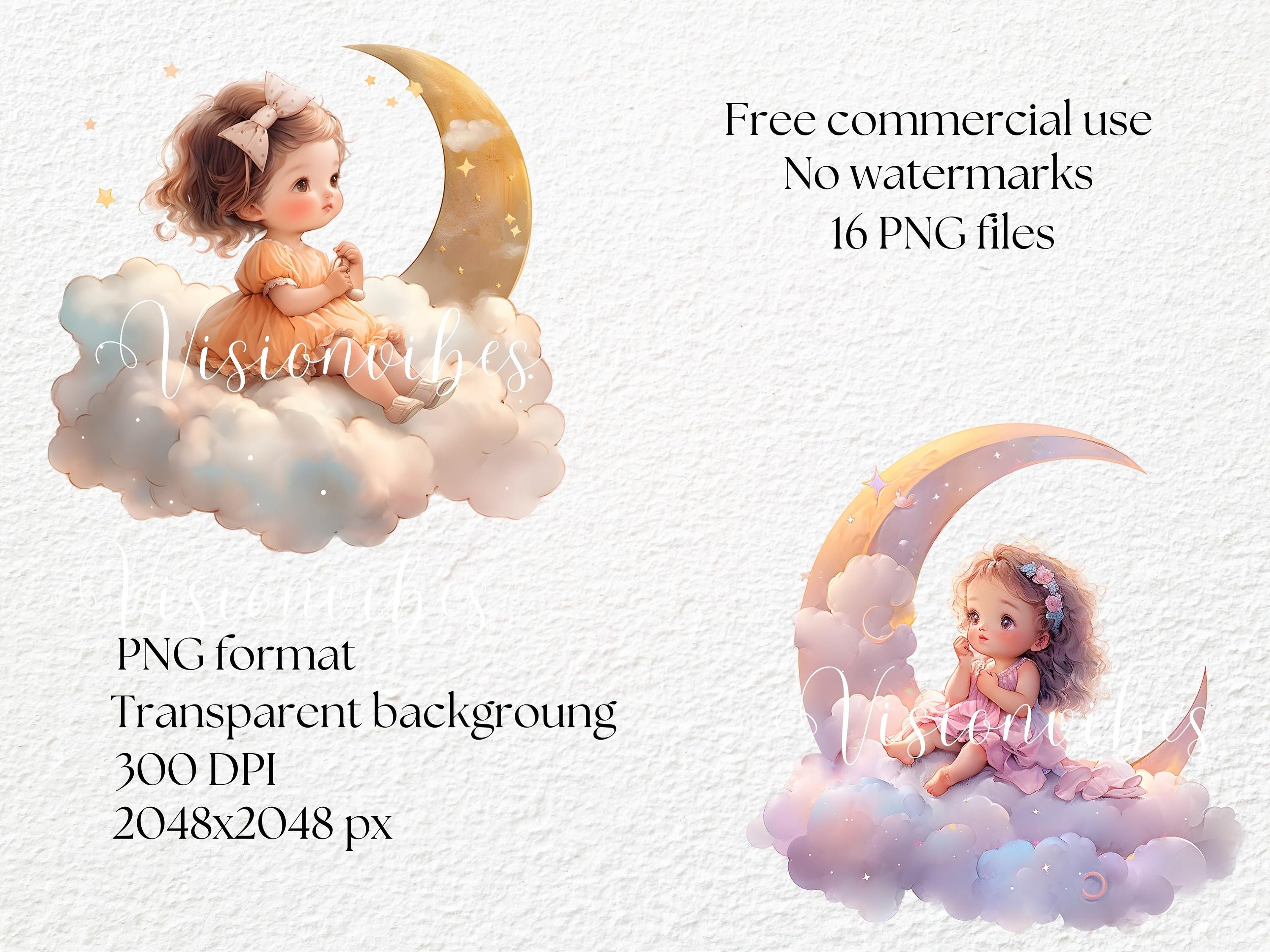 Cute Little Girl in Clouds Clipart Bundle Good Night Clipart Sleepy ...