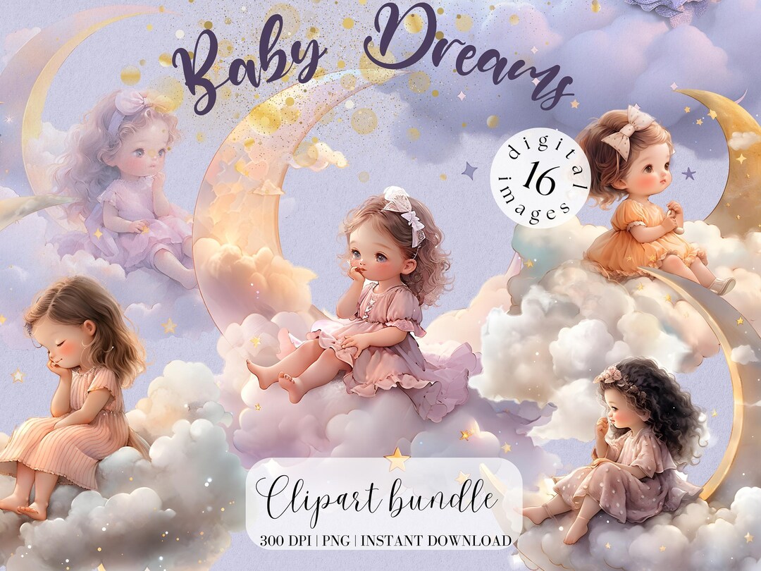 Cute Little Girl in Clouds Clipart Bundle Good Night Clipart Sleepy ...