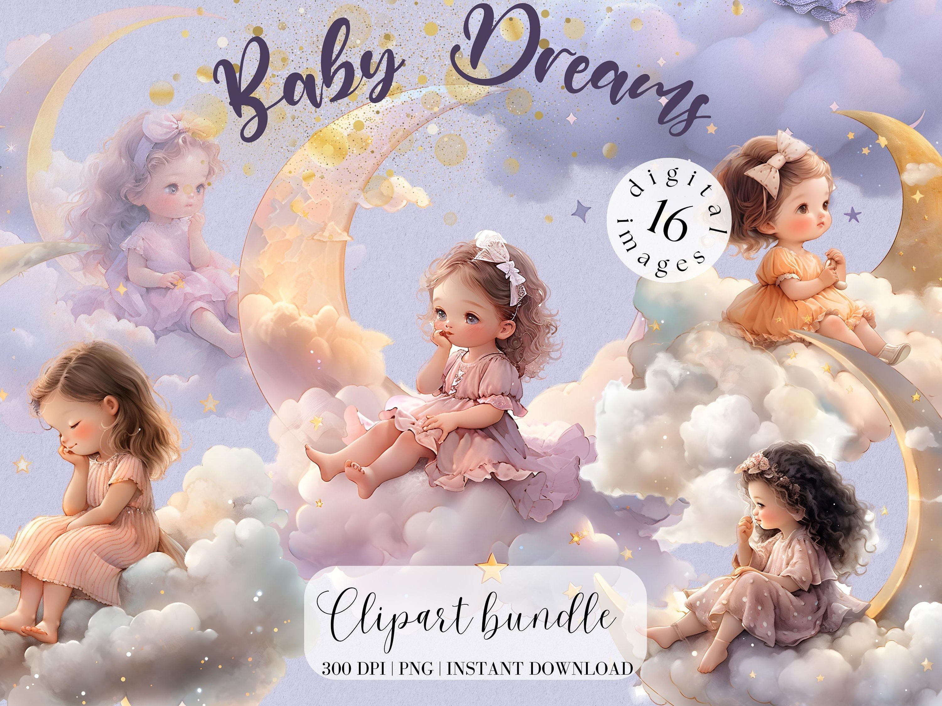 Cute Little Girl in Clouds Clipart Bundle Good Night Clipart Sleepy ...