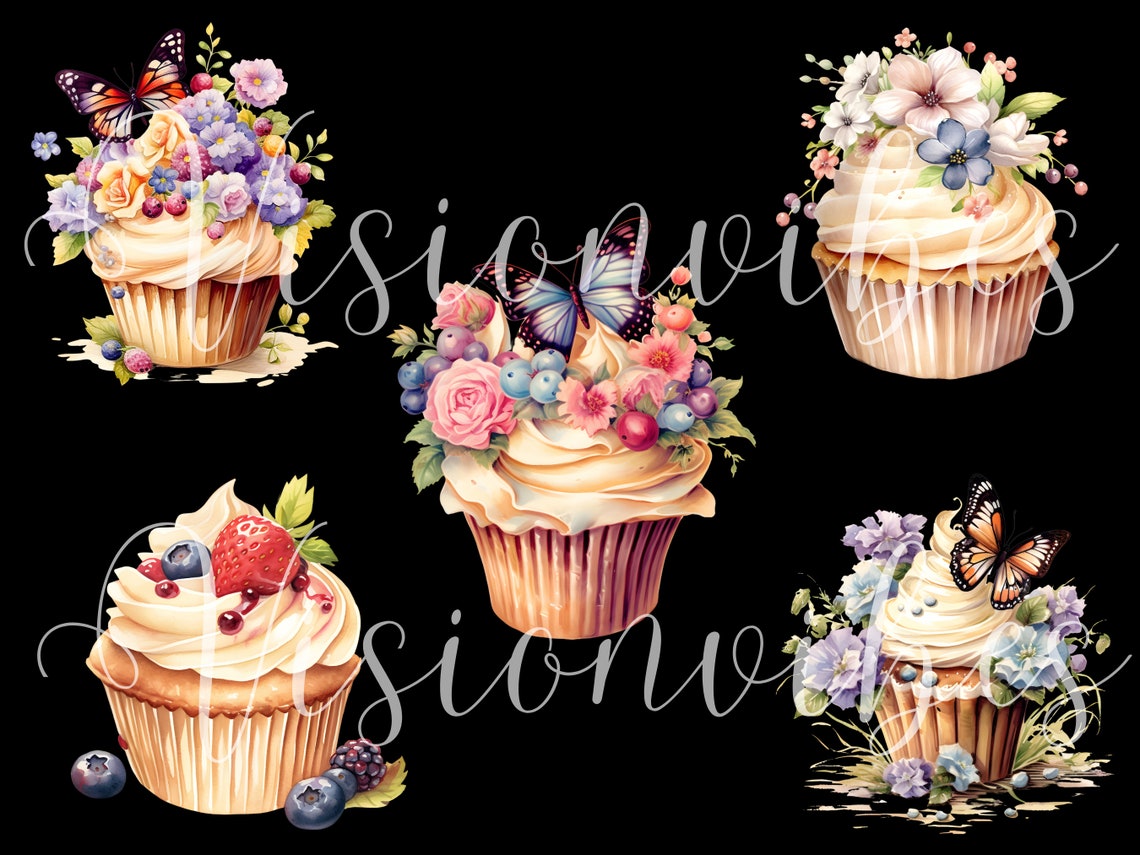 Floral Cupcake Clipart Watercolor Cupcake Clipart Bundle Cupcake PNG ...