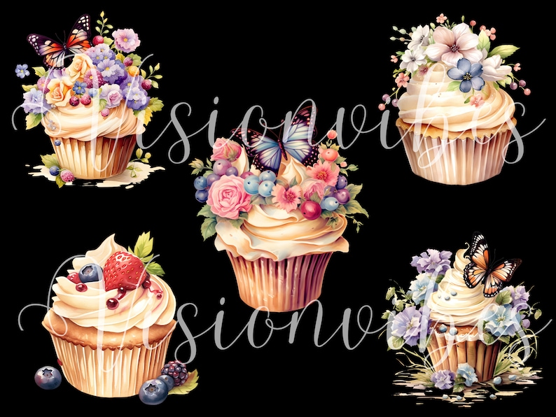 Floral Cupcake Clipart Watercolor Cupcake Clipart Bundle Cupcake PNG ...