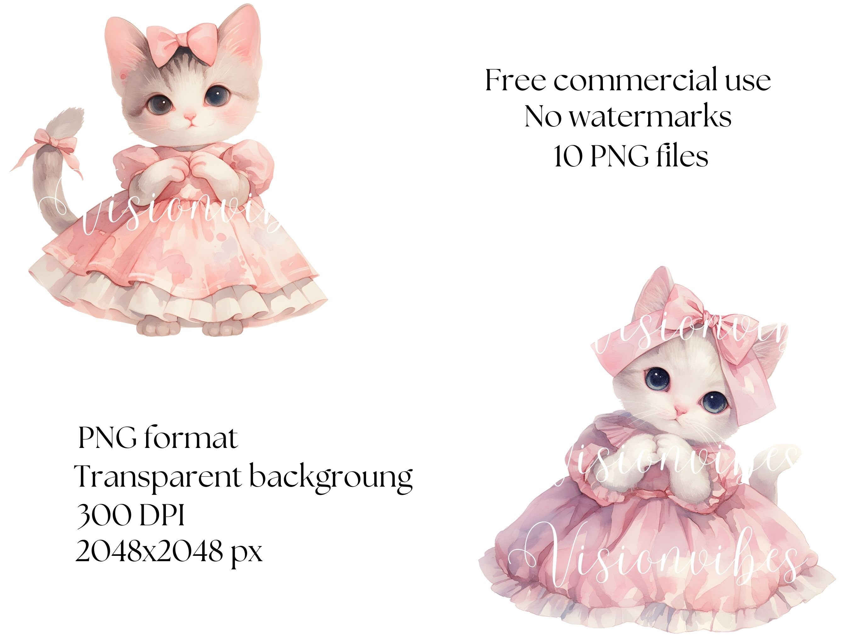 Kawaii Kittens in Pink Dress Watercolor Clipart Bundle Cute Cat ...