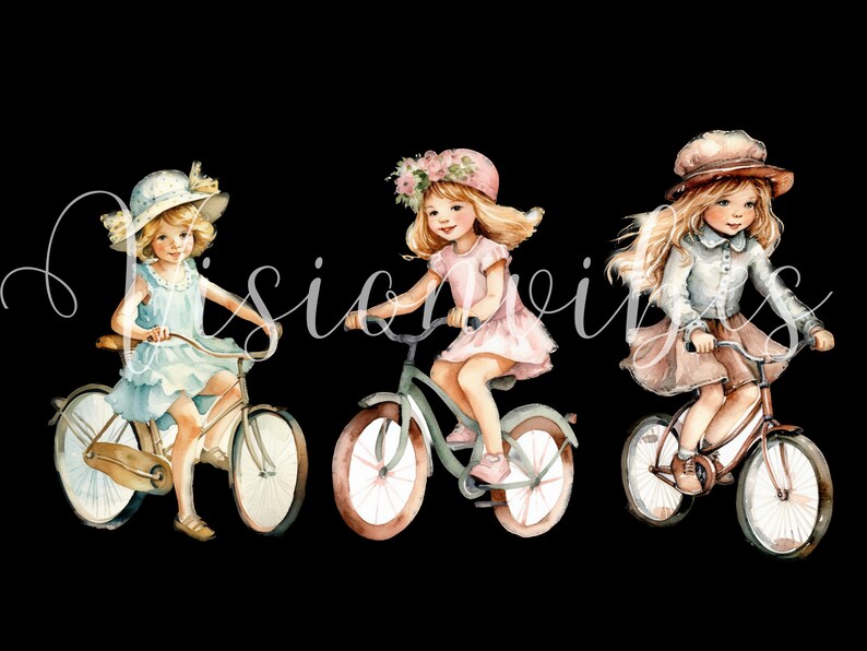 Girl Riding Bicycle Clipart Bundle Retro Girl Clipart Summer Clipart ...