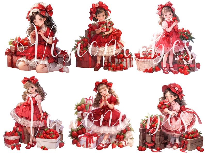 Girl With Strawberry Clipart Bundle Anime Valentine's Day Girl ...