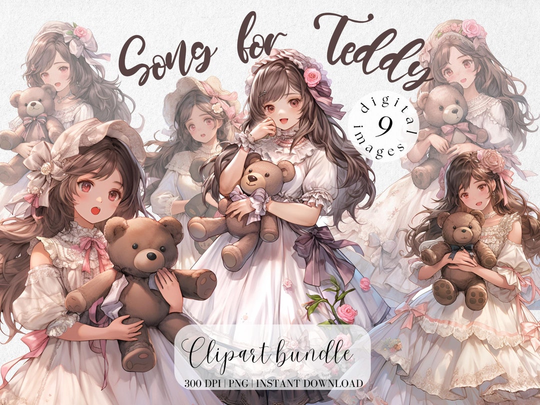 Girl With Teddy Bear White Dress Clipart Bundle Cute Vintage Ruffle ...