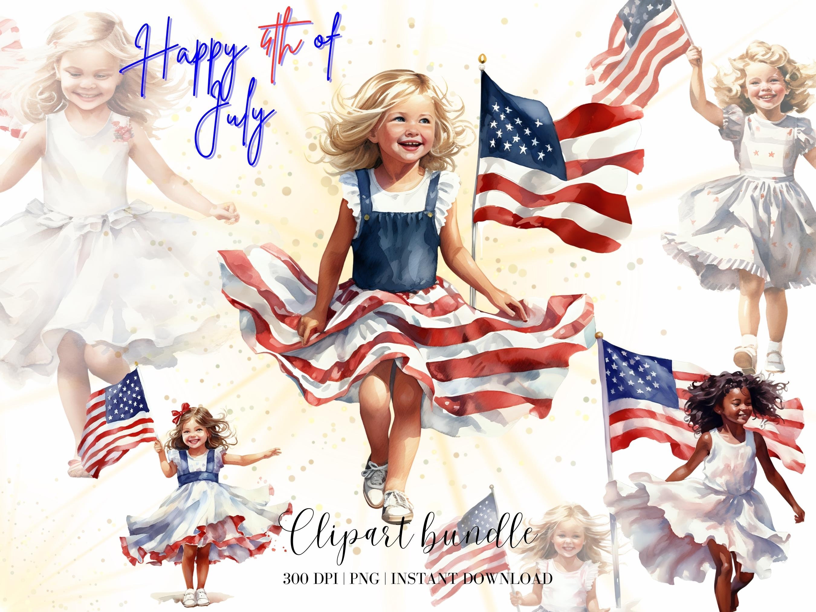 4th of July Clipart Watercolor Girl With American Flag Patriotic ...