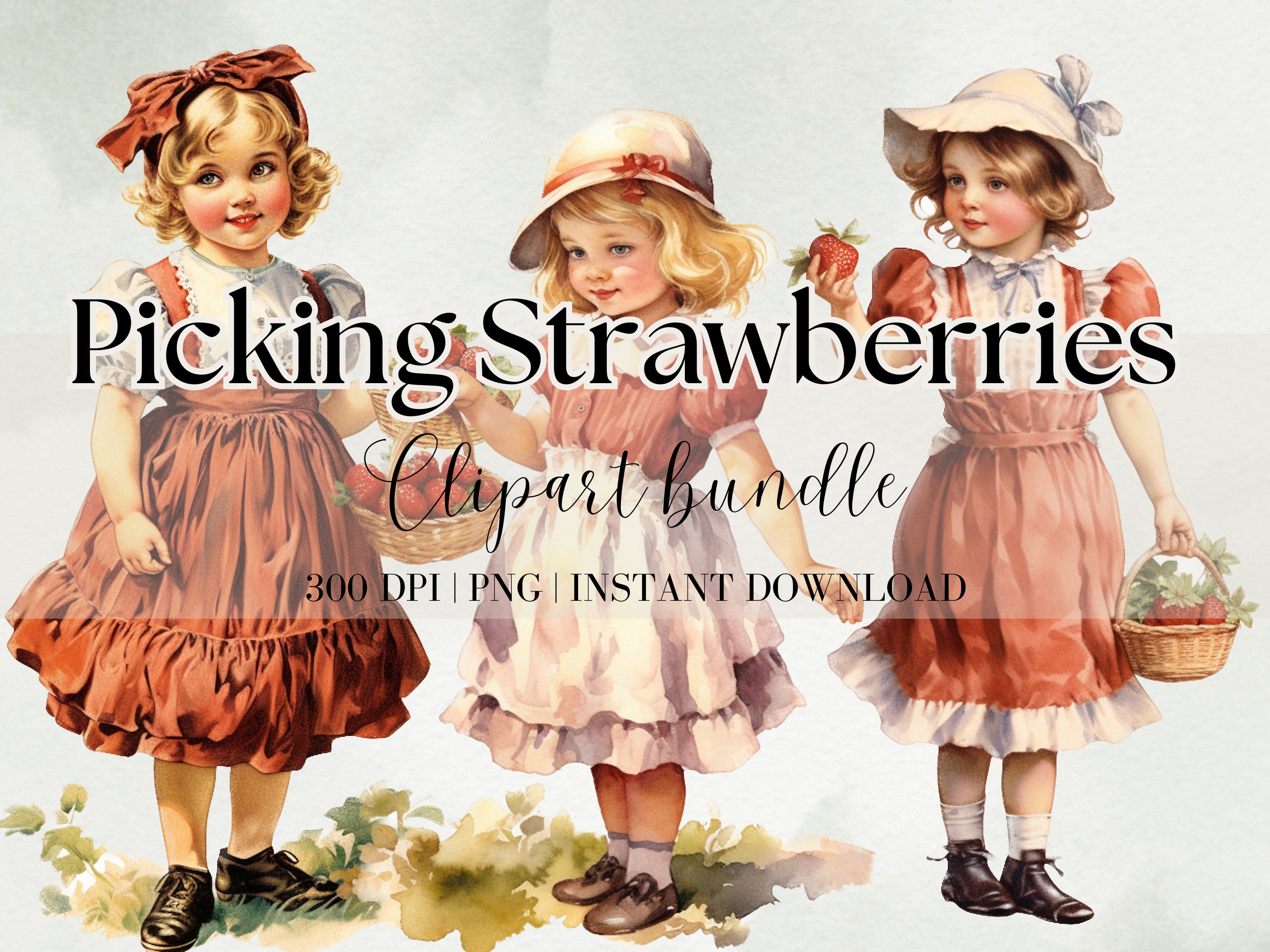 Vintage Girl Picking Strawberries Clipart Bundle Vintage Girl Digital ...