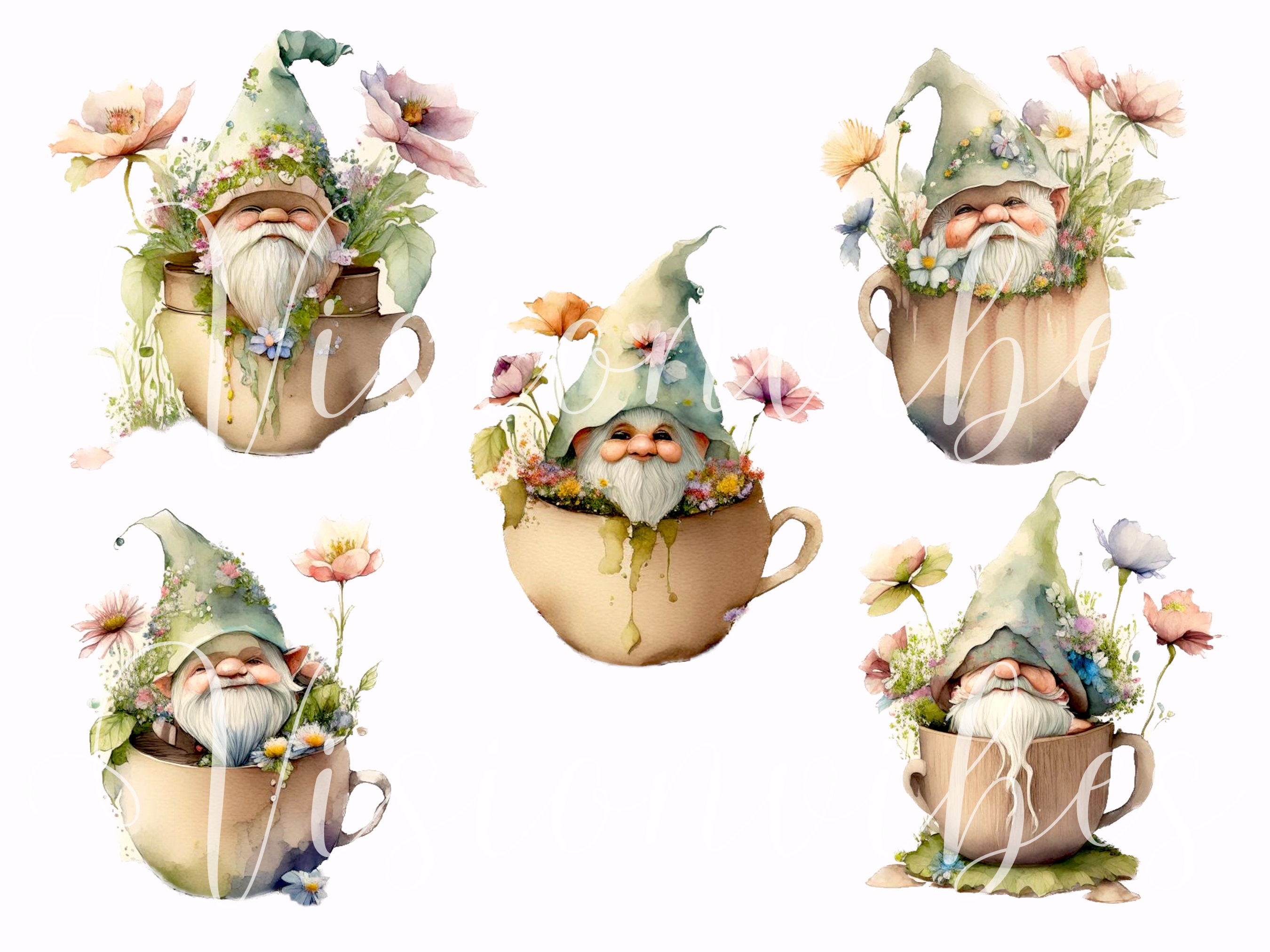 Watercolor Gnome in Cup Clipart Bundle Gnomes Clipart Watercolor Cute ...