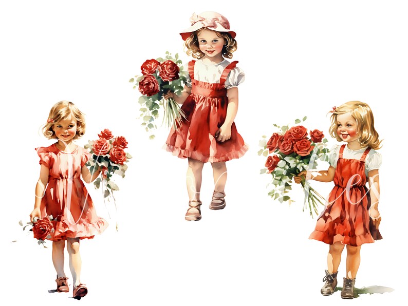 Retro Girl With Red Roses Clipart Bundle Retro Girl Clipart - Etsy