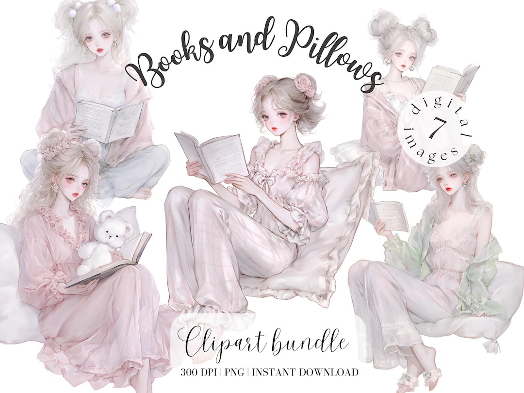 Romantic Girl With Book Clipart Bundle Cute Girl With Long Hair Pastel ...