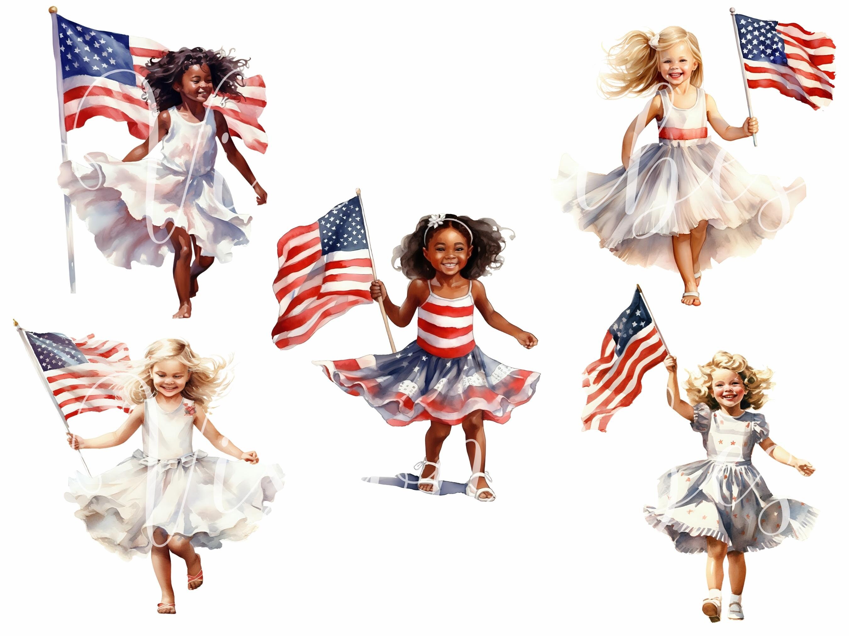 4th of July Clipart Watercolor Girl With American Flag Patriotic ...
