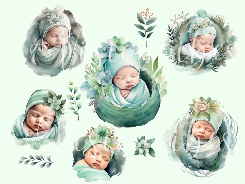 Newborn Watercolor Clipart Bundle Mint Boho Baby Clipart Nursery ...