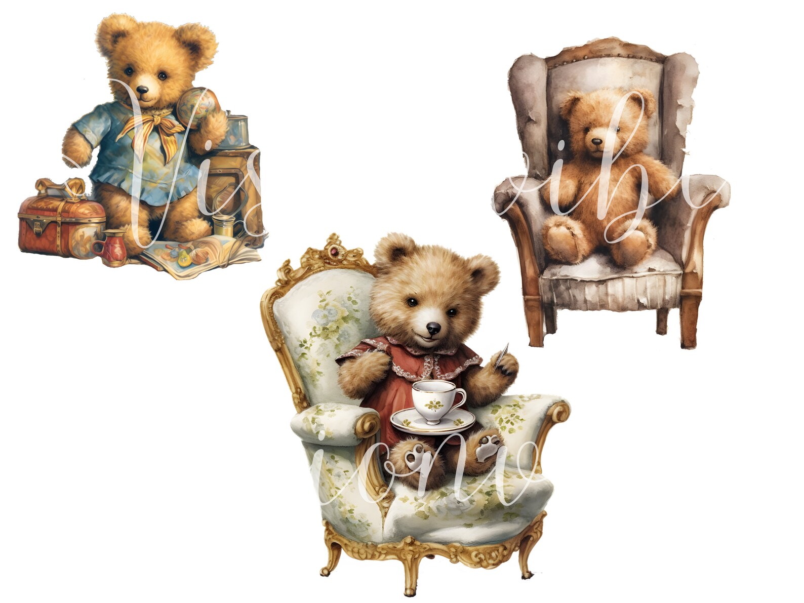 Teddy Bear Nursery Clipart Watercolor Book Lover Clipart Toy Bear Image ...