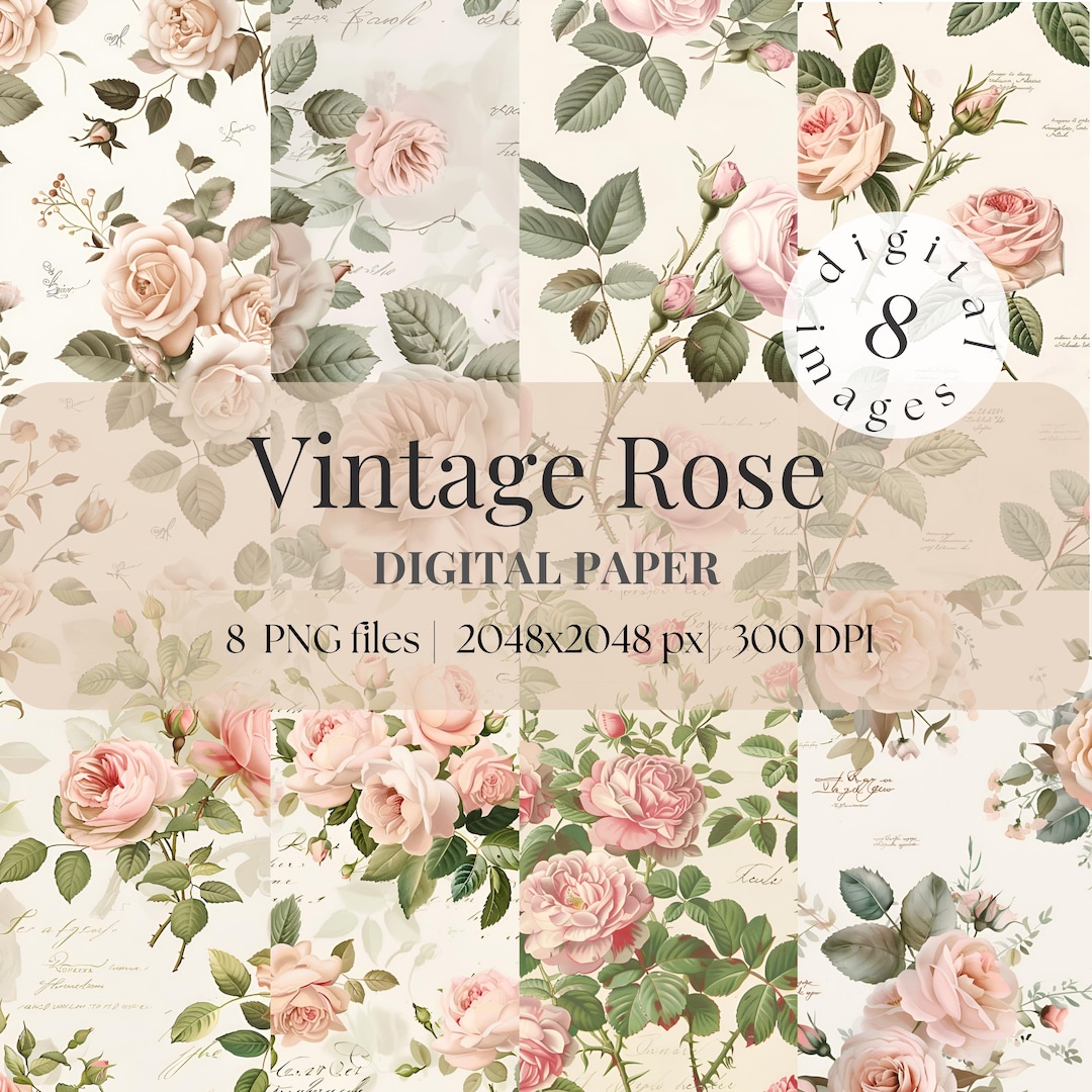 Printable Vintage Rose Digital Paper, Dreamy Digital Paper, Pastel ...