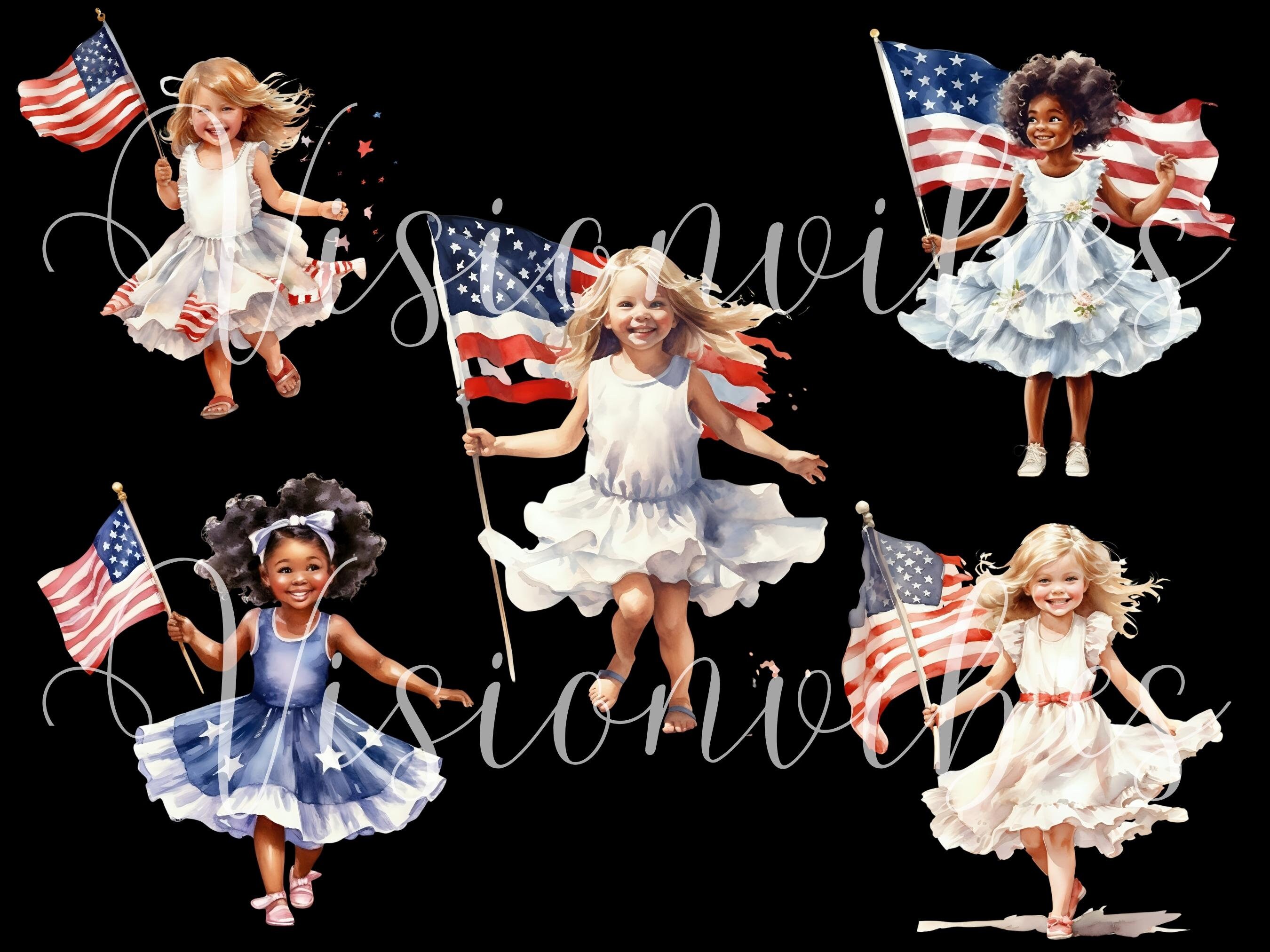 4th of July Clipart Watercolor Girl With American Flag Patriotic ...