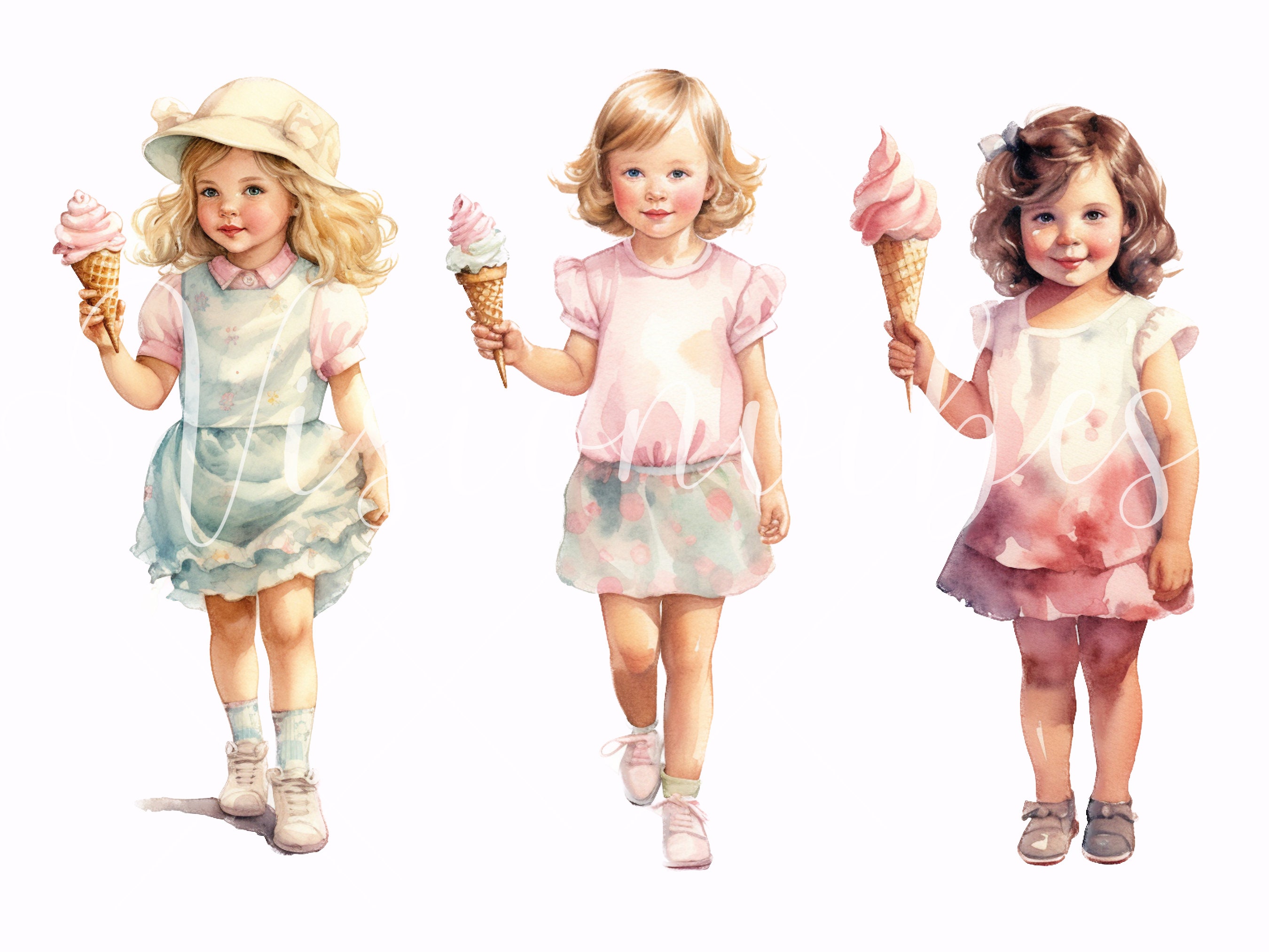Retro Girl Clipart Bundle Watercolor Retro Girl Ice Cream - Etsy