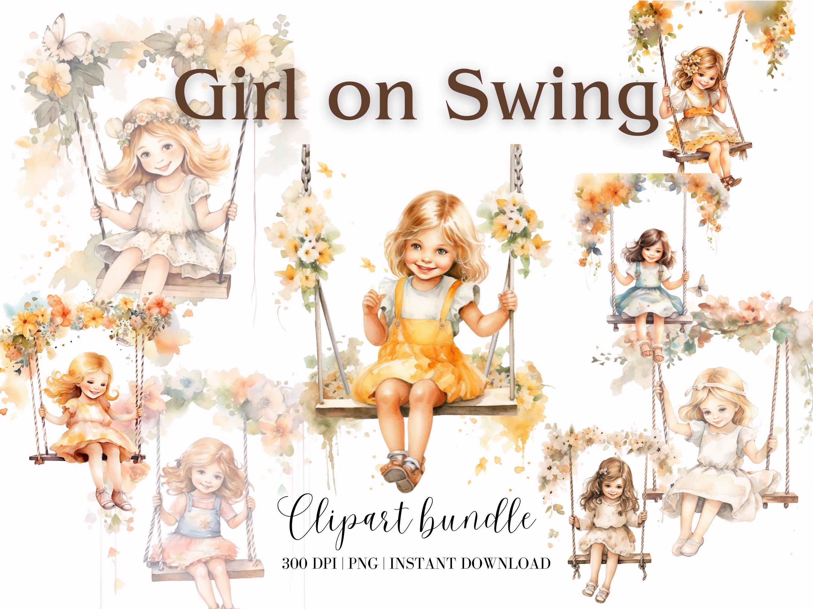 Girl on Swing Watercolor Clipart Girl on Swing Digital Download ...