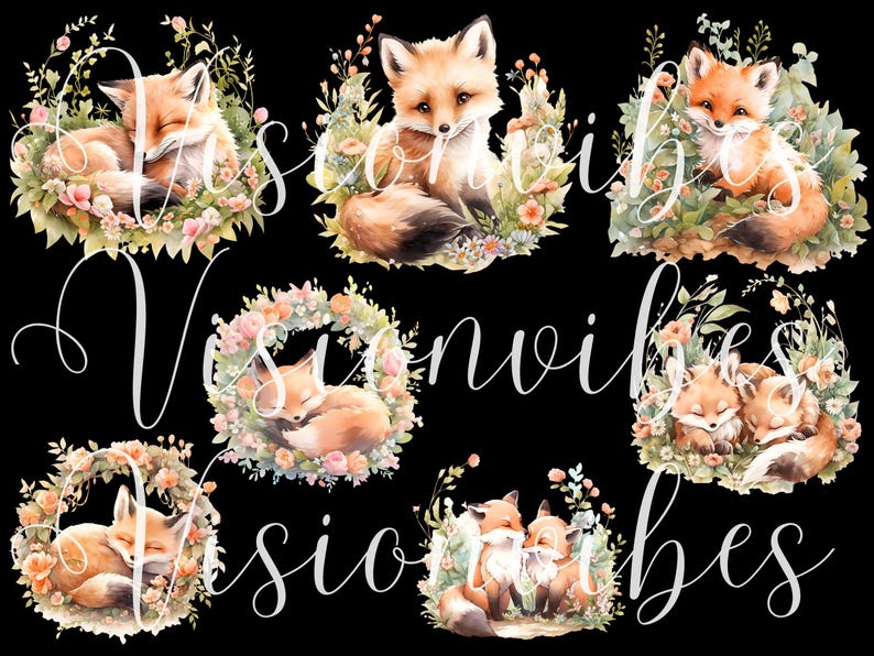 Baby Fox in Flowers Watercolor Animals Clipart Bundle Cute Nursery ...