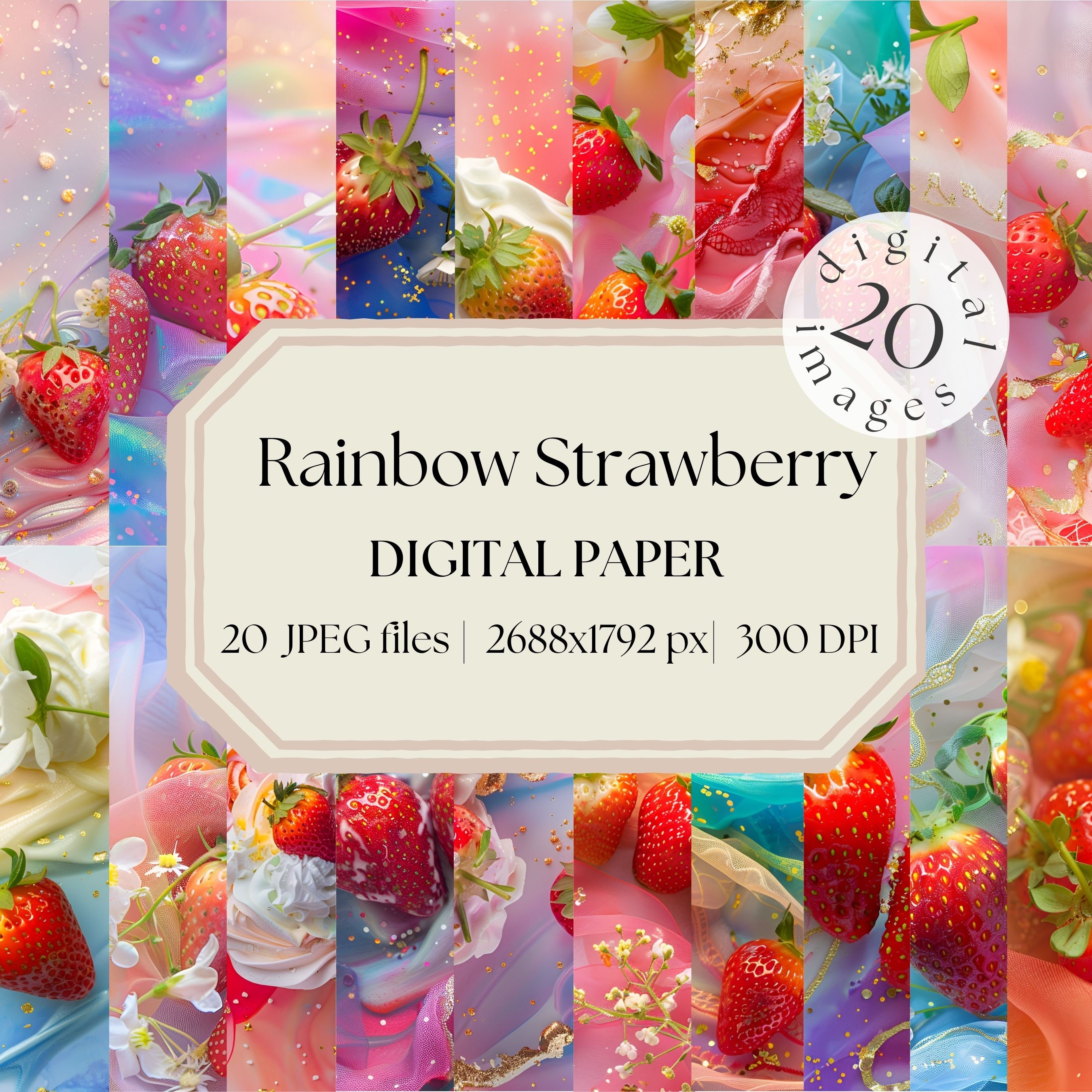 Printable Rainbow Strawberry Digital Paper, Dreamy Digital Paper ...