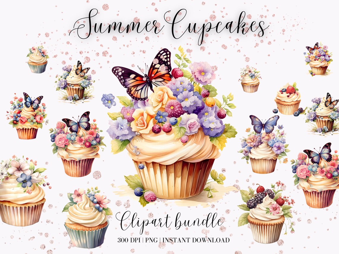 Floral Cupcake Clipart Watercolor Cupcake Clipart Bundle Cupcake PNG ...